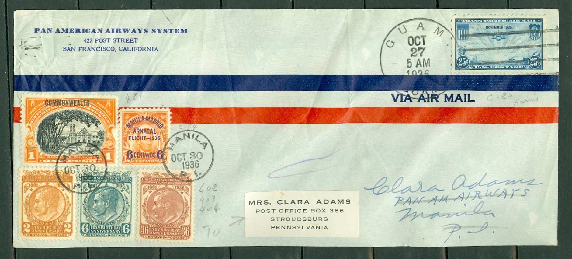 Guam-Philippines-Usa 1936 "Air Mail" Cover | United States, Stamp ...