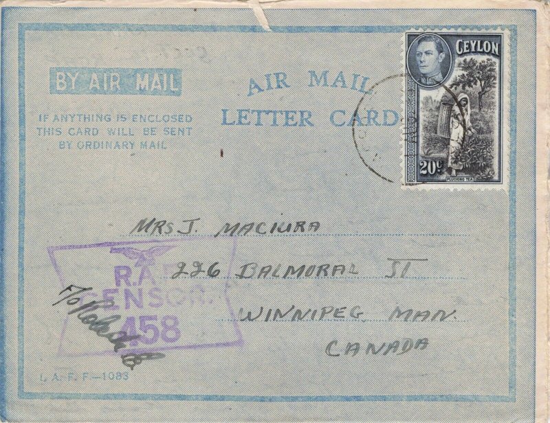 Canada 1944 2x WWII RCAF in Ceylon Censored Military Air Letter to ...