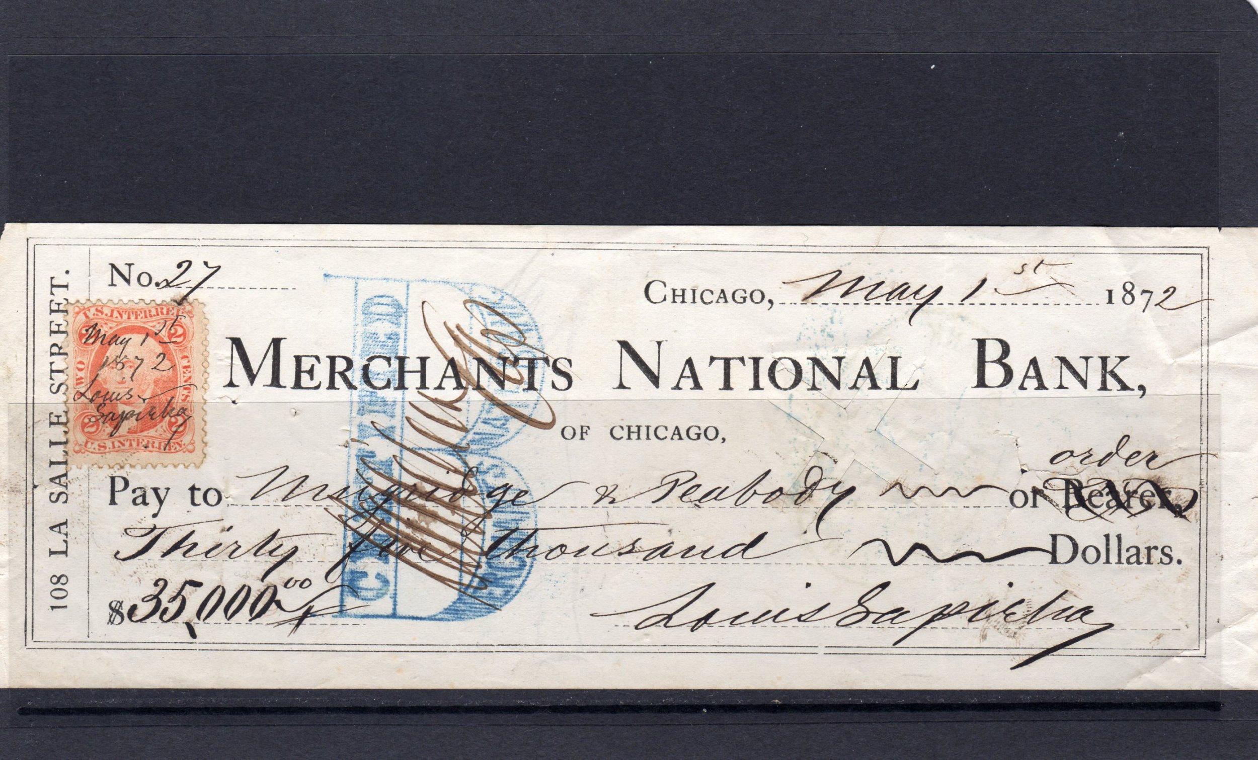 United States 1872 Revenue Stamp in a Cheque of $35000 signed by Prince ...