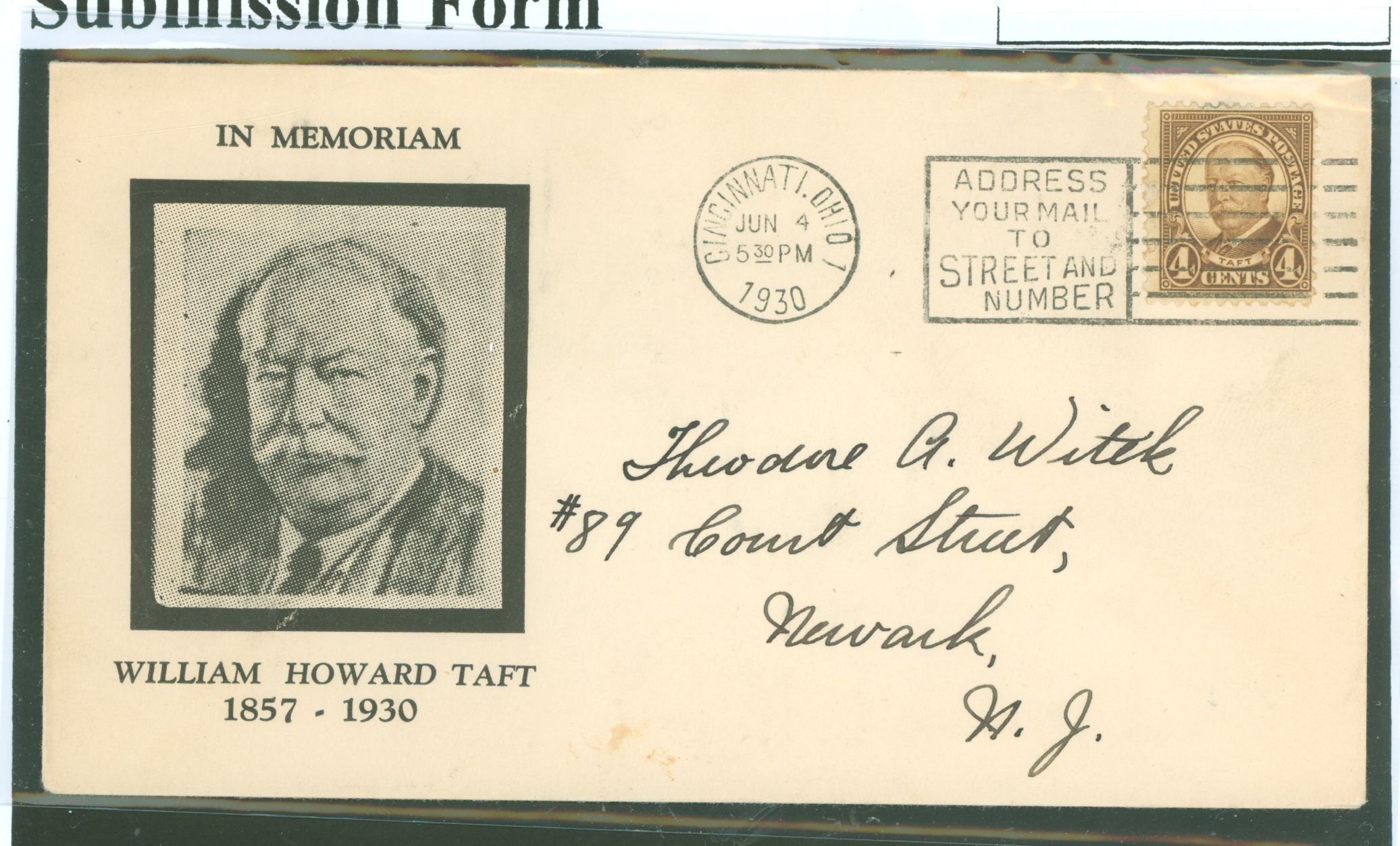 US 685 1930 4c William Howard Taft Memoriam (single) on an addressed ...