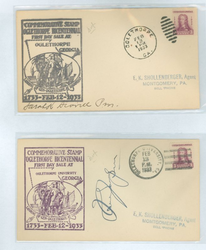 US 726 1933 3c general oglethorpe commem. stamp, two 2nd day covers ...