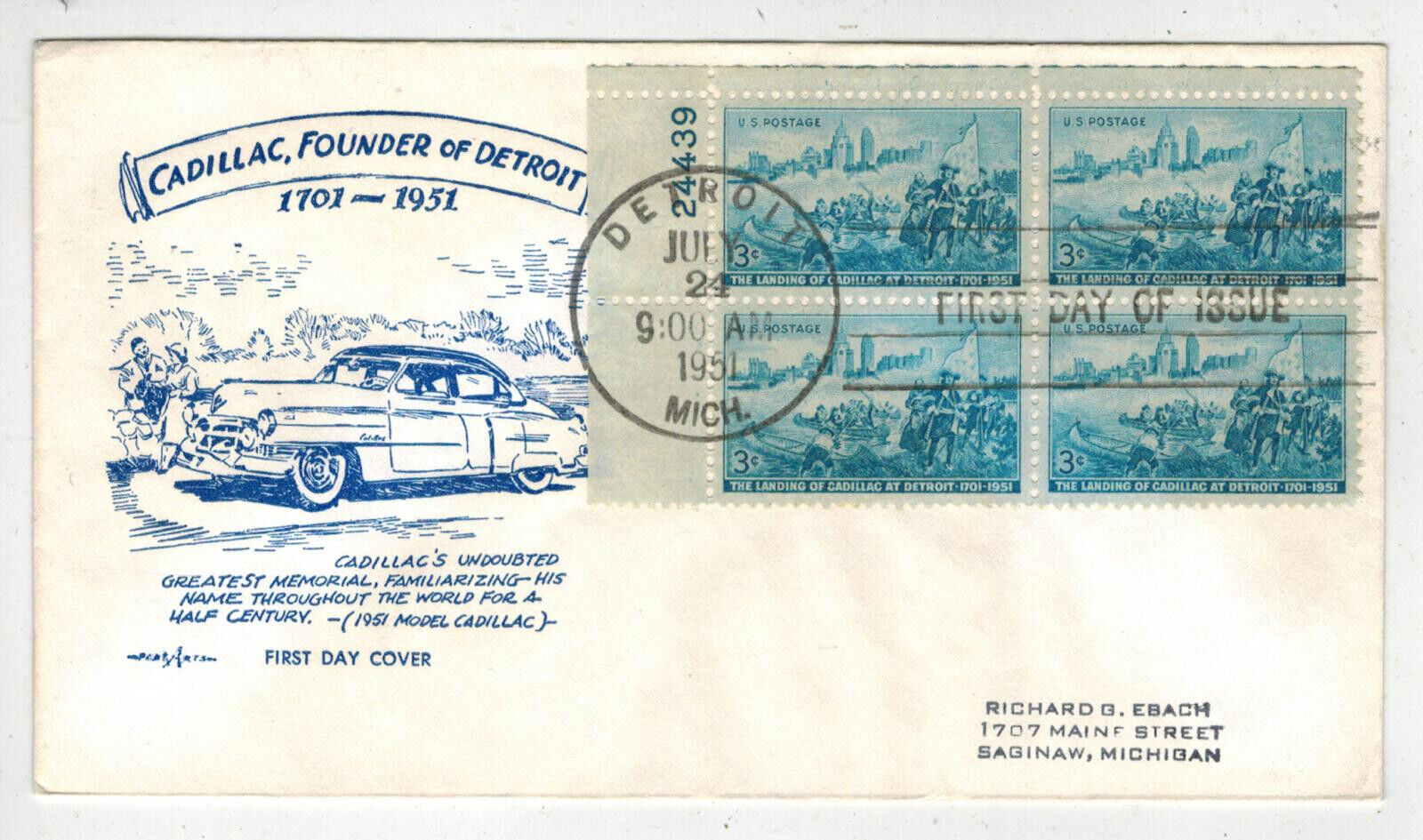 1951 Detroit Michigan Landing of Cadillac Plate # Block FDC 1000-22 ...