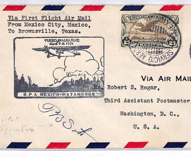 MEXICO First Flight Air Mail Cover 1929 *PILOT SIGNED* Mexico City ...