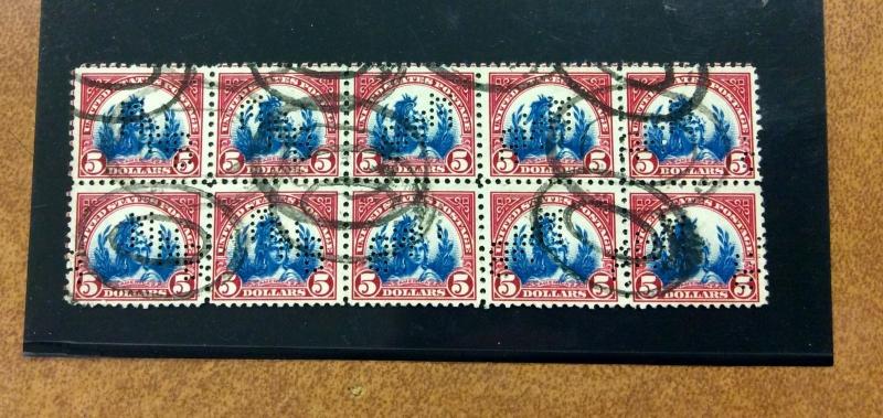 {BJ STAMPS} 573a 1923 $5 "America" used block of 10 carmine & blue ...