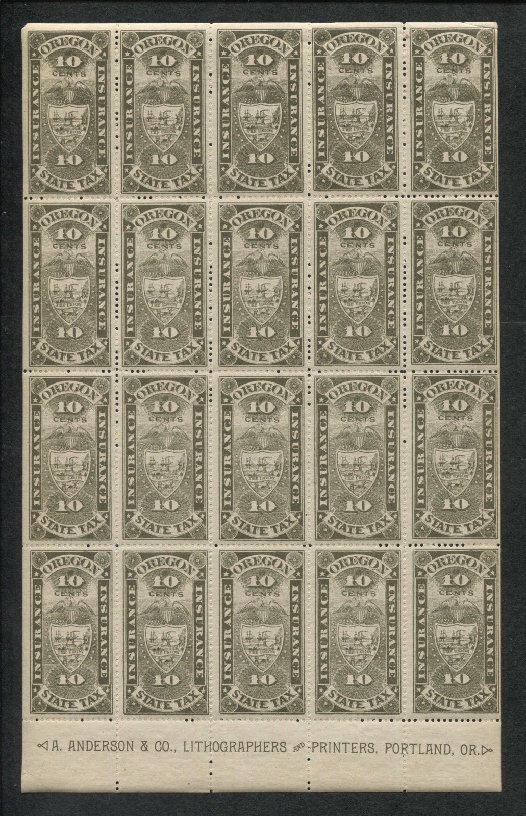 RARE Sheet of 20 Portland Oregon State Insurance 10c Tax Stamps A ...