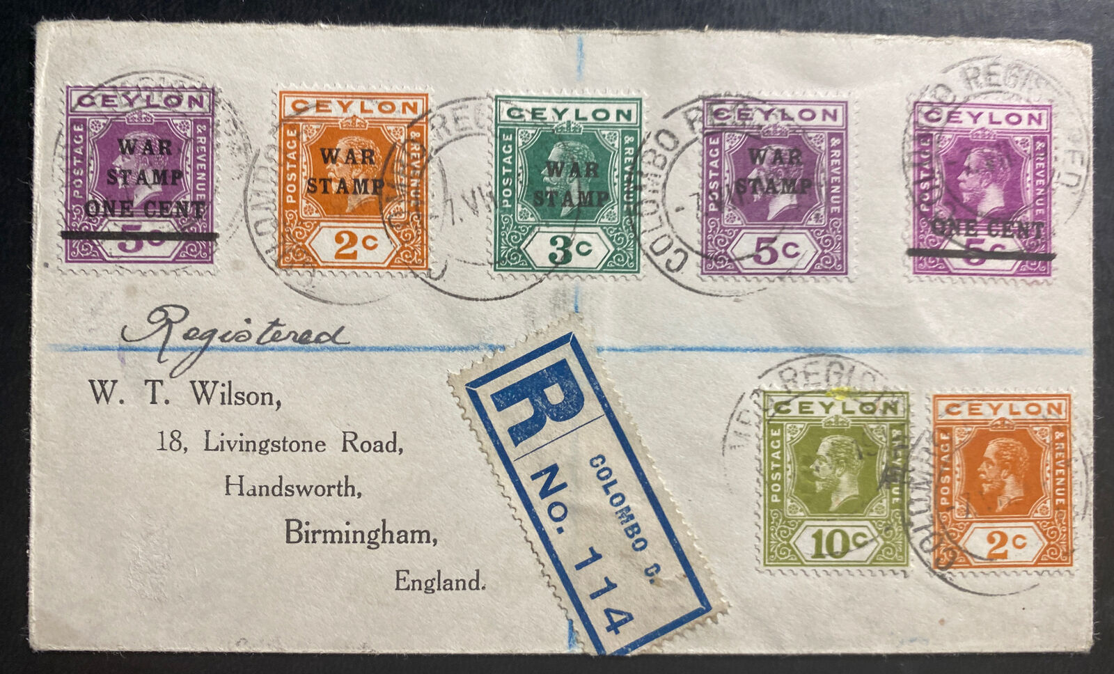 1919 Colombo Ceylon Registered cover To Birmingham England Sc#MR1-MR4 ...
