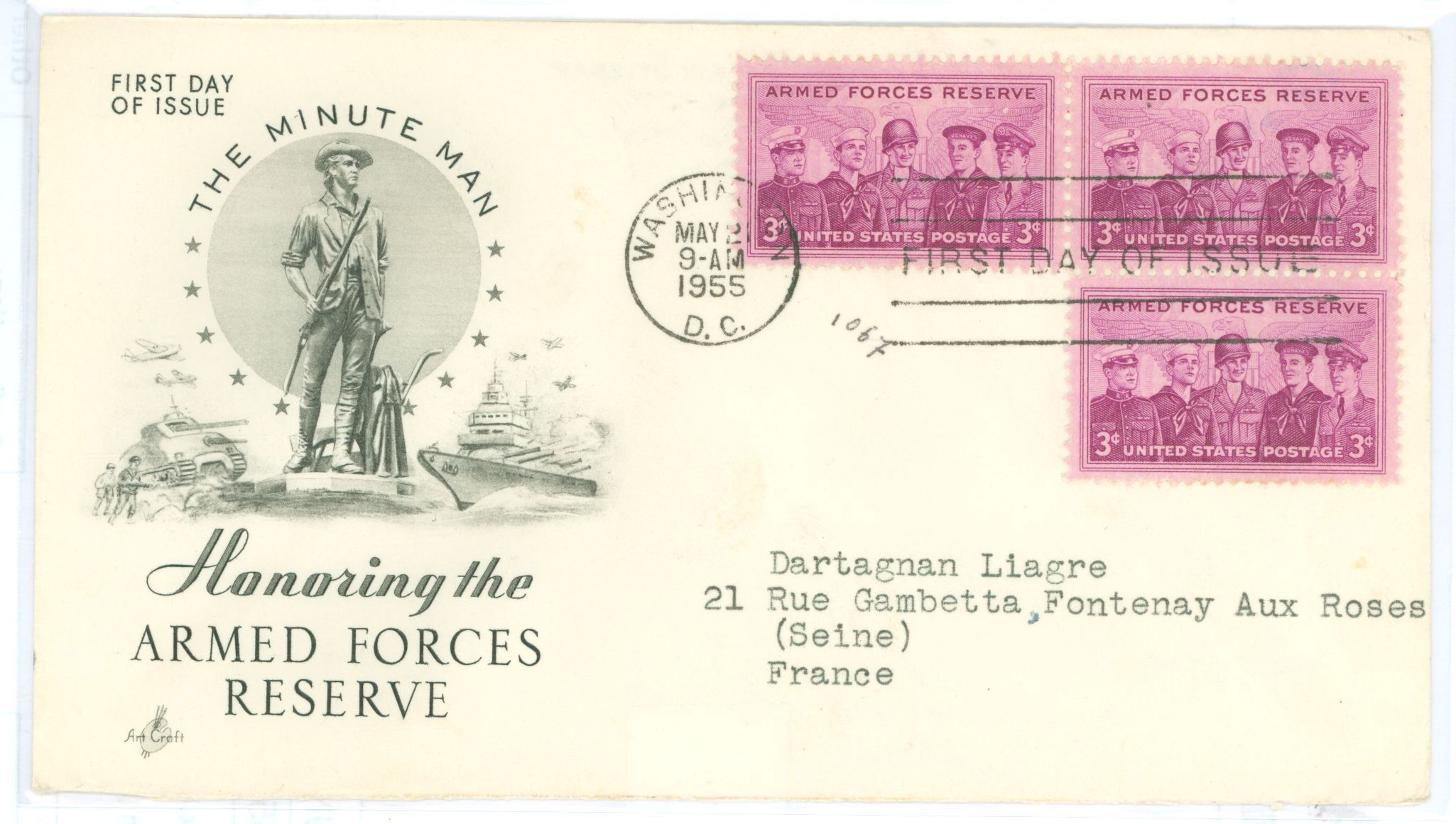 US 1067 1955 Armed Forces Reserve, pencil address, 3 stamps, opened at ...