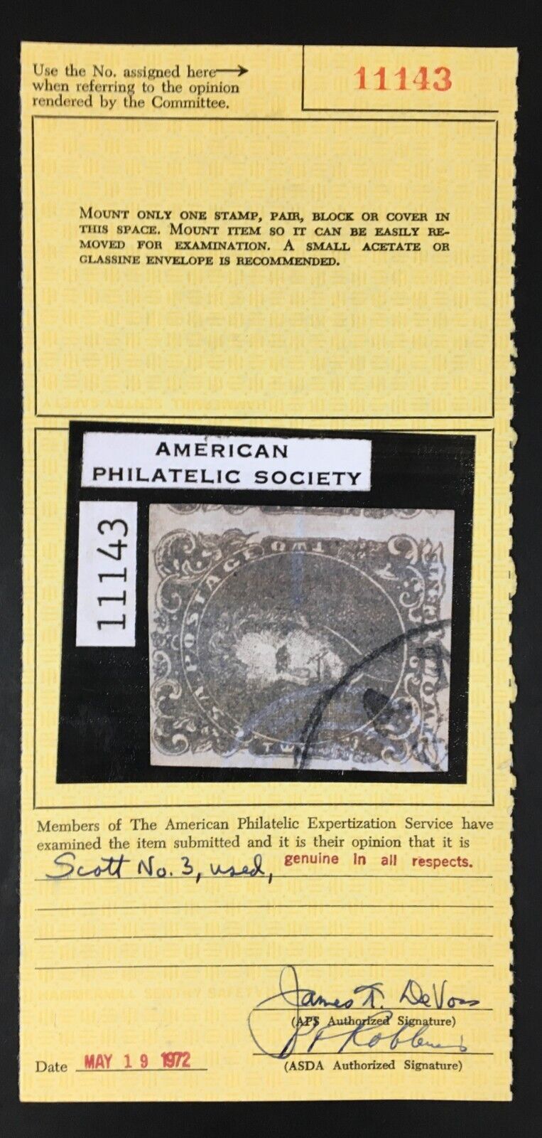 US Stamps CSA #3 Imperf Used APS Cert LOT #93314 | United States ...