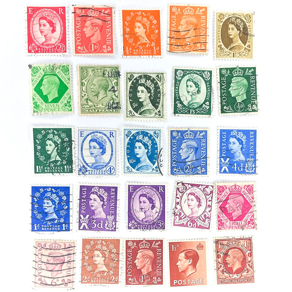 25 used rainbow old GB British postage stamps, all different, all off ...