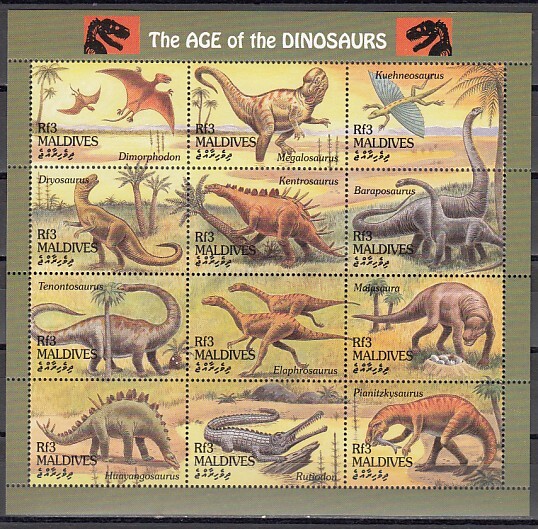 Maldives, Scott cat. 1969 a-l. Dinosaurs Cretaceous Period sheet of 12 ...