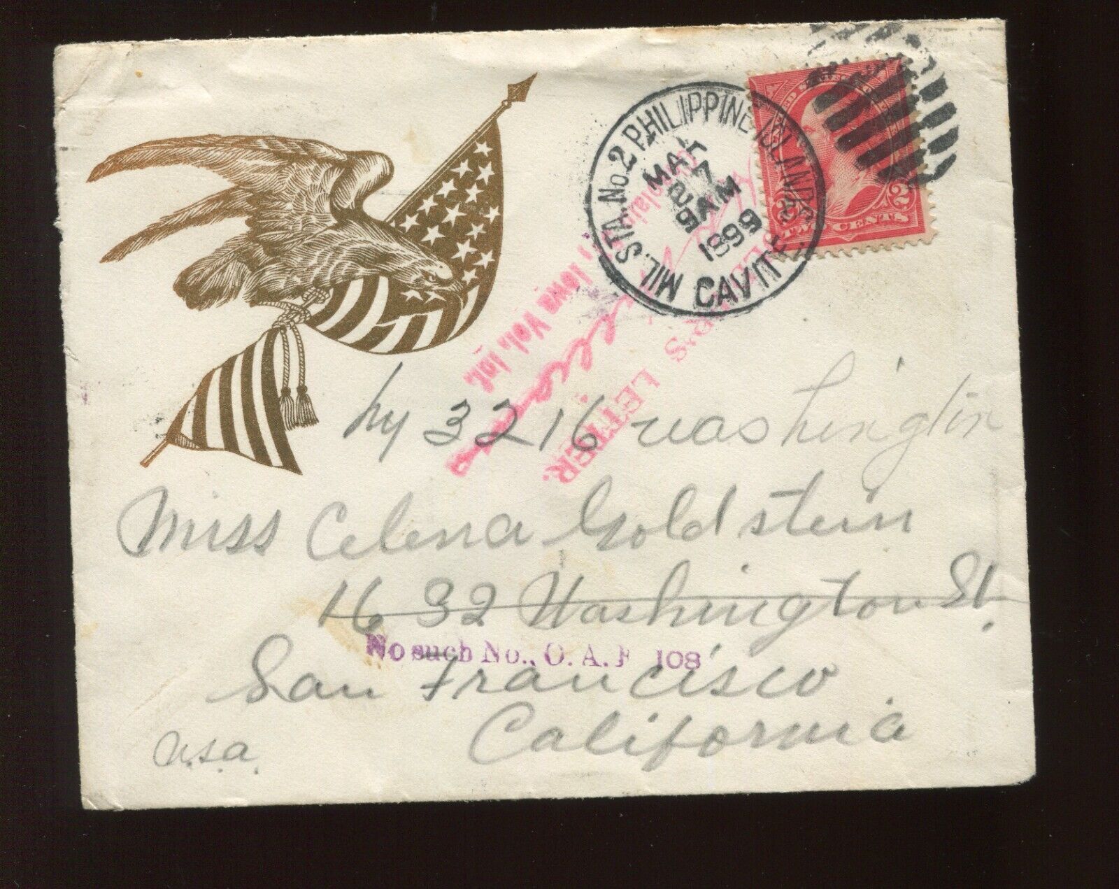 1899 Patriotic Cover Philippines Cavite MIL STA NO. 2 CCL on Soldier's ...
