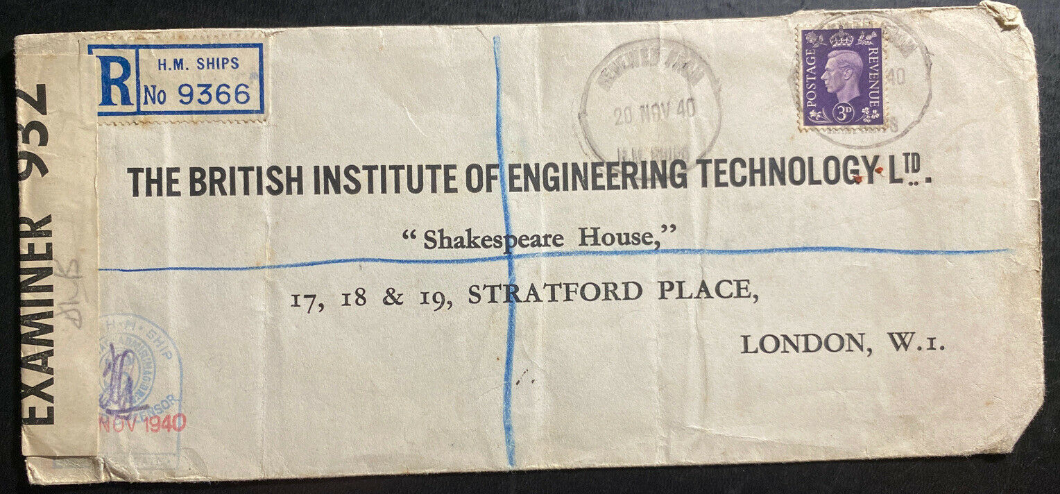 1940 HM Ship England Registered Censored Cover To Institute Engineering ...