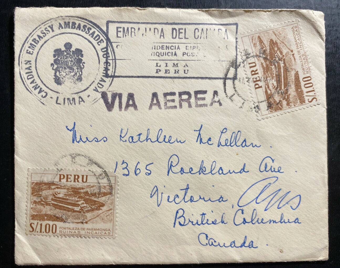 1950s Lima Peru Canadian Embassy Diplomatic Cover To Victoria Canada ...