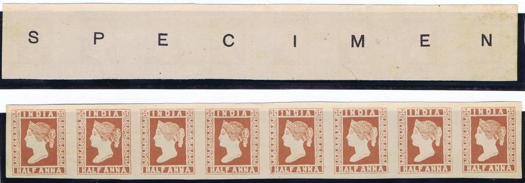 India1894 QV 1/2a RED Essay, Strip of 8 Stamps With Letters of Specimen ...
