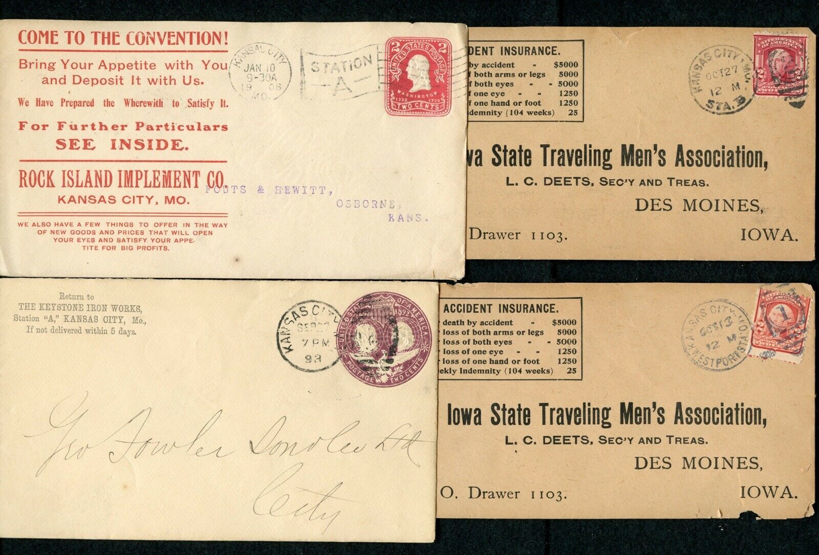 US 4 Over 100 years old Advertising Covers Kansas city Postmarks ...