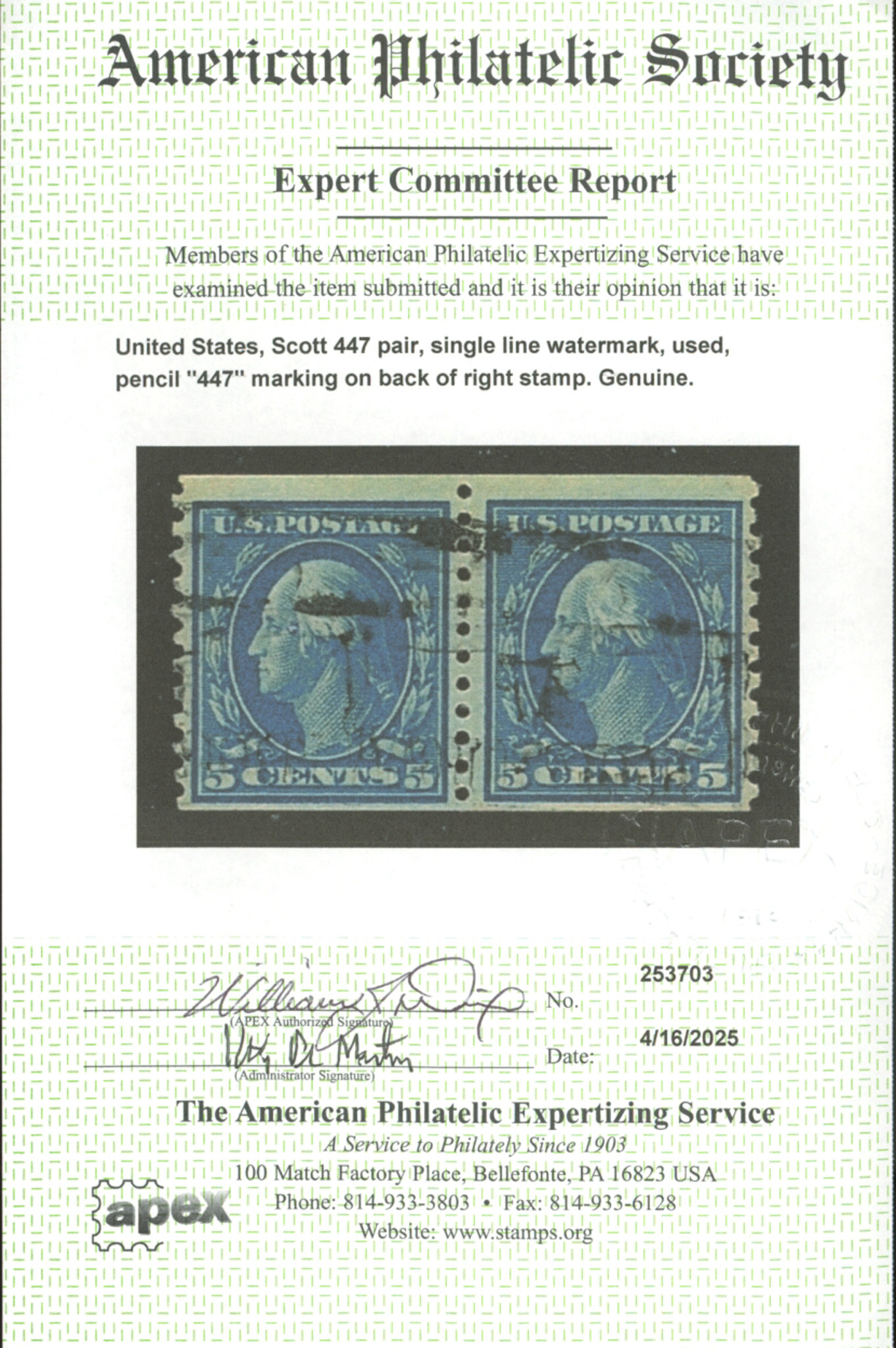 U.S. #447 Used Pair With APS Cert | United States, General Issue Stamp ...