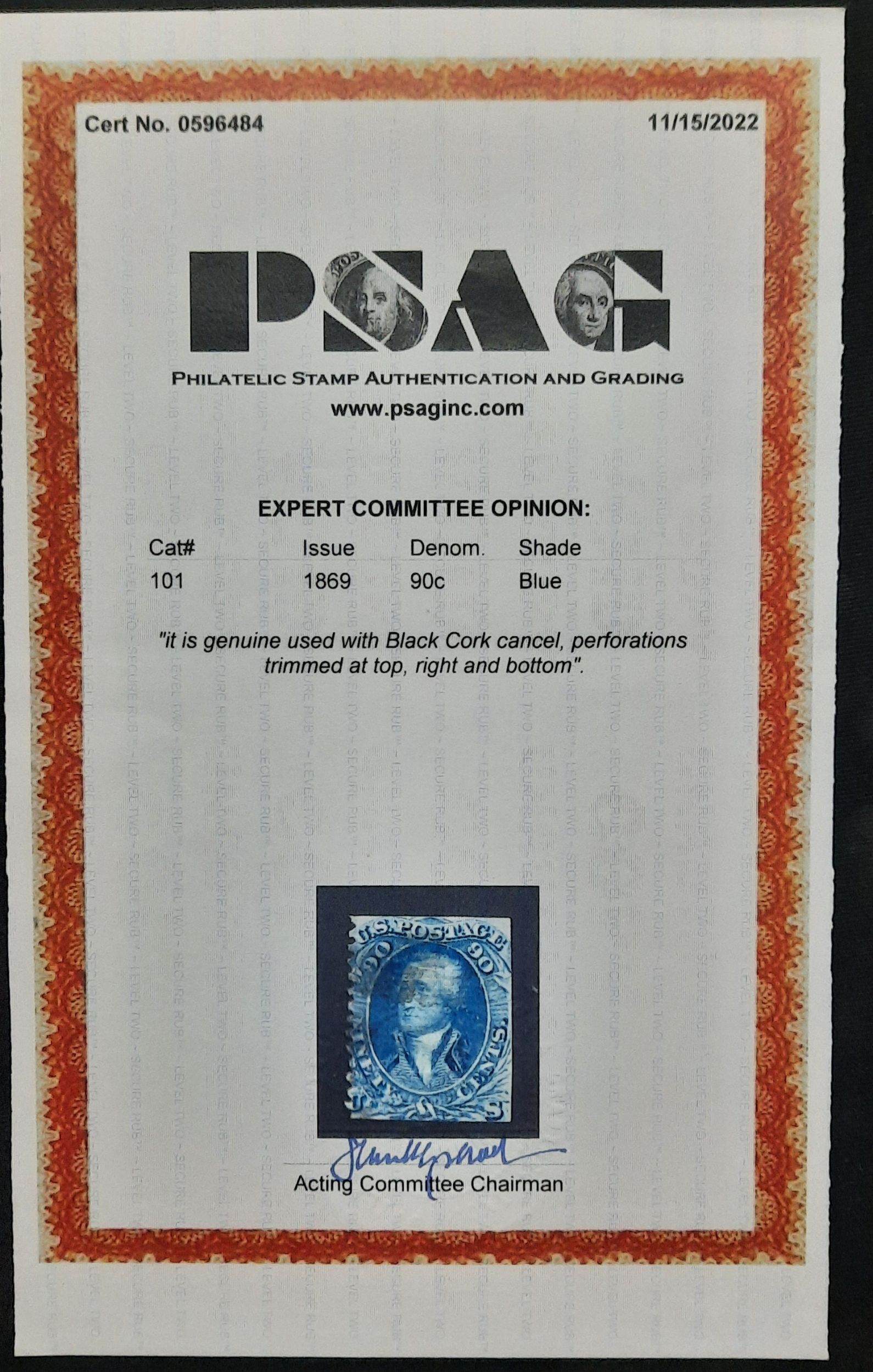Sc#101 used 90 cent with psag certificate with grill | United States ...