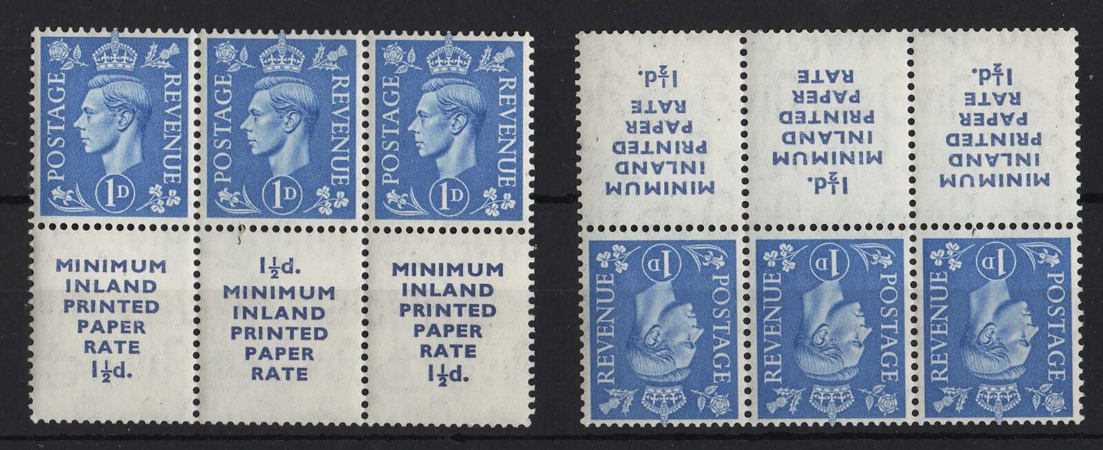 GB 1951 New colours wmk upright 1d booklet pane of 3 + 15mm labels no ...
