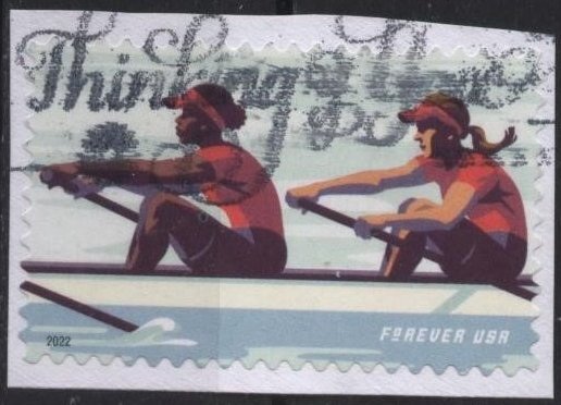 US 5695 (used on paper) (58¢) women’s rowing: red shirts, oar splash ...
