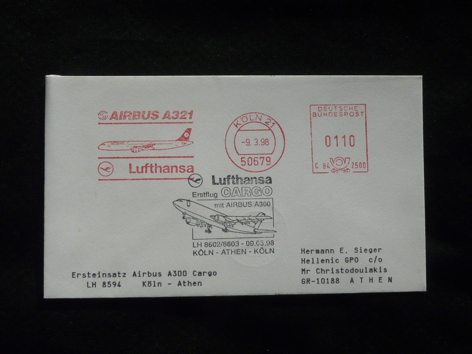 first flight cover Koln Athens Airbus A300 cargo Lufthansa 1998 ...