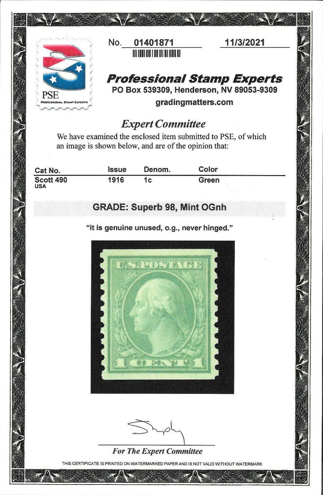 Scott #490 Coil Single PSE GRADED Superb 98 Mint OGnh, 2022 SMQ value ...