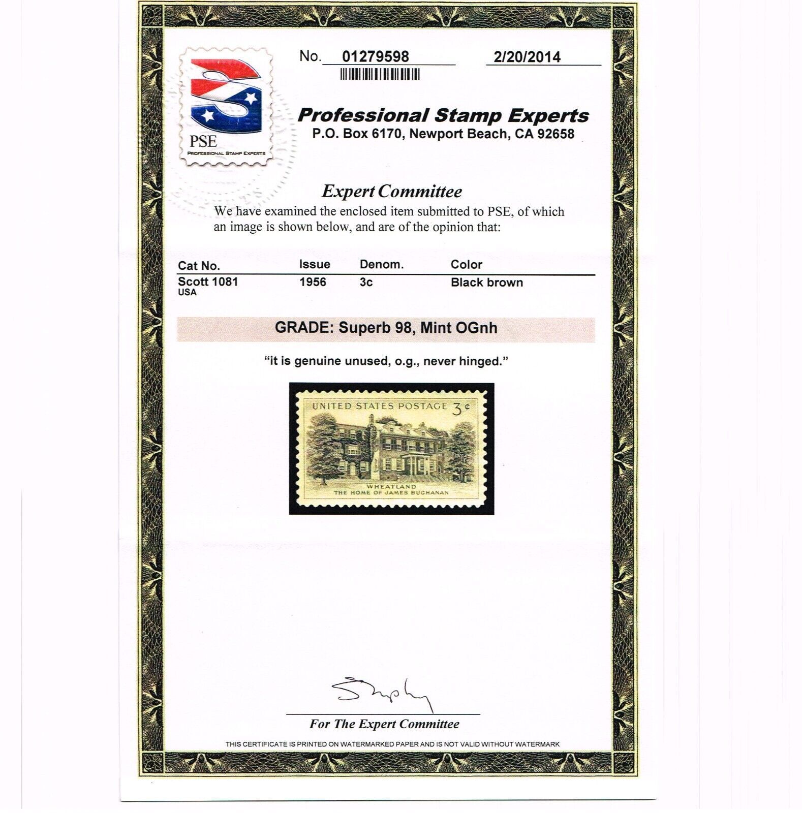 Exceptional Genuine Scott #1081 Mint Pristine OG NH PSE Cert Graded ...