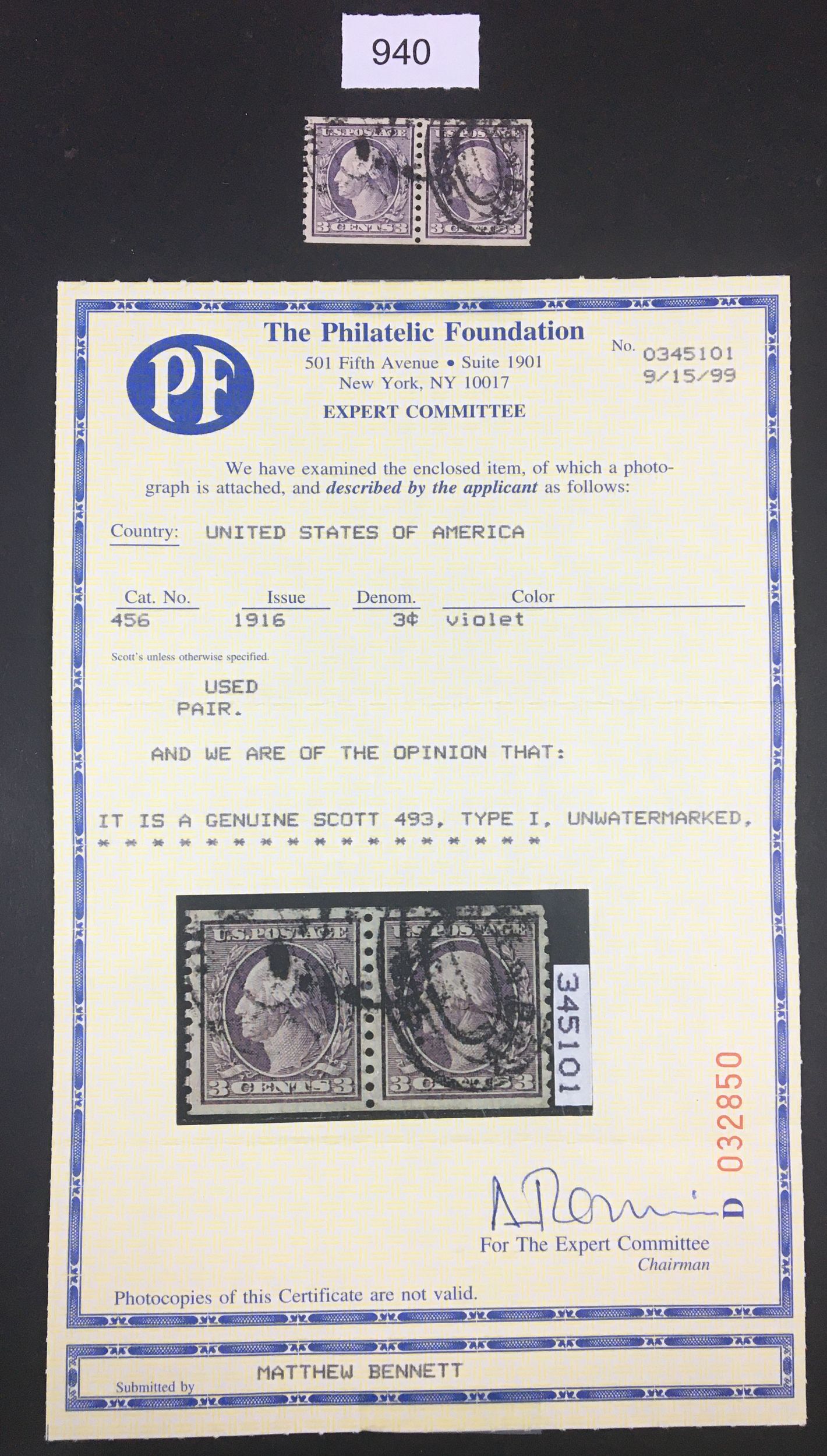 US Stamps # 493 Pair Used **Pf Cert** LOT #E 940 | United States ...