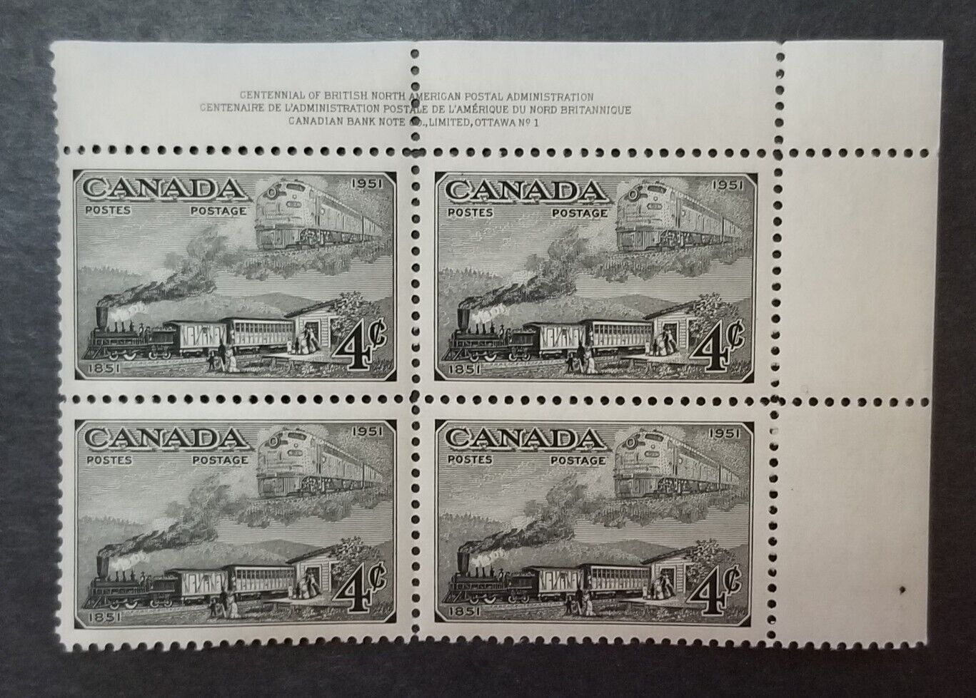 Canada-1951-Plate Block of 4 Four Cent Train Railroad MNH OG Unused ...