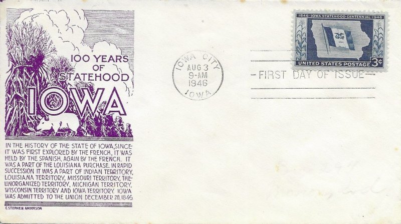 1946 FDC, #942, 3c Iowa Statehood, Anderson - #1 | United States ...