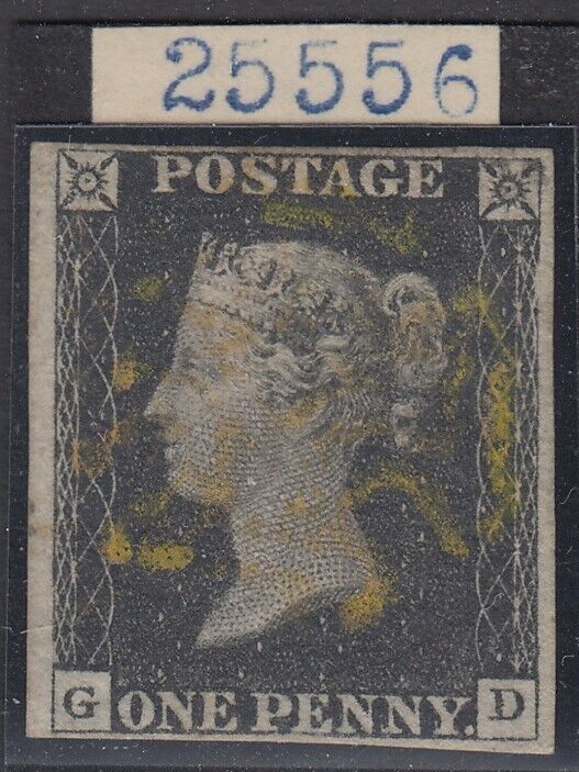 Yellow Maltese cross on 1840 1d black plate 1b lettered GD. The rarest ...