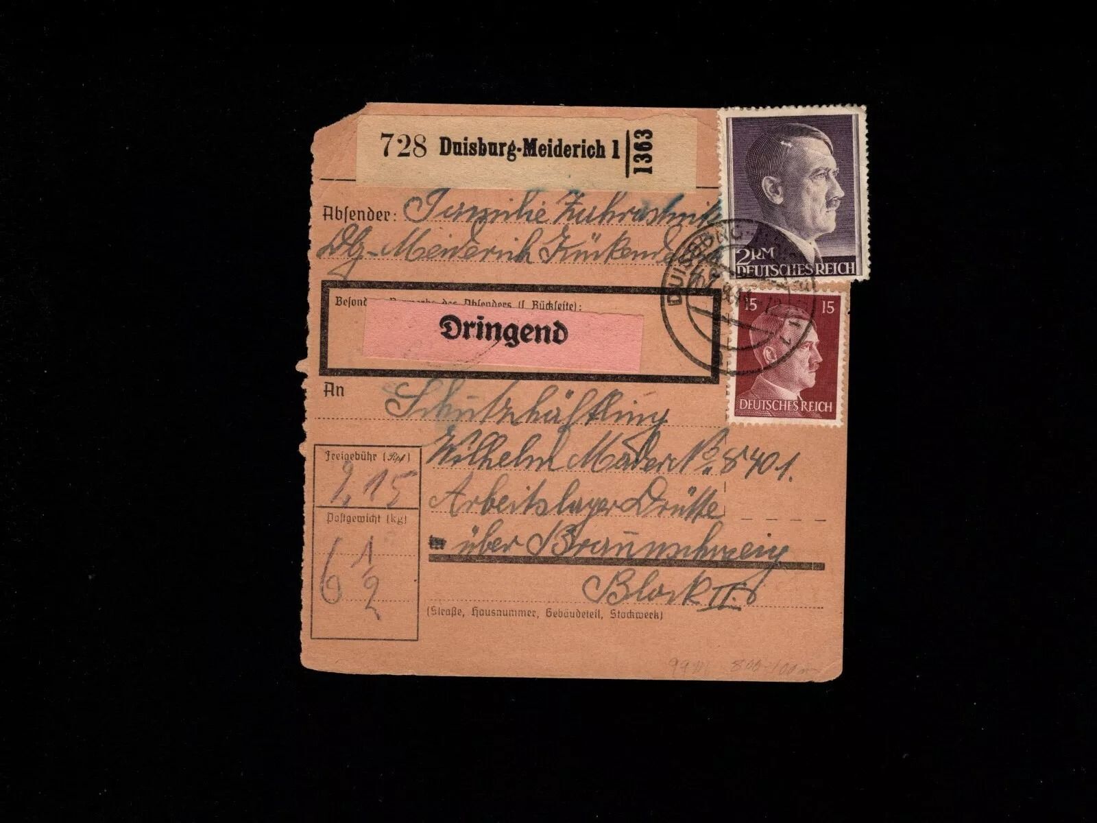 WWII Parcel Card Work Camp Drutte to # 8401 Duisburg 1944 Backstamp 6g ...