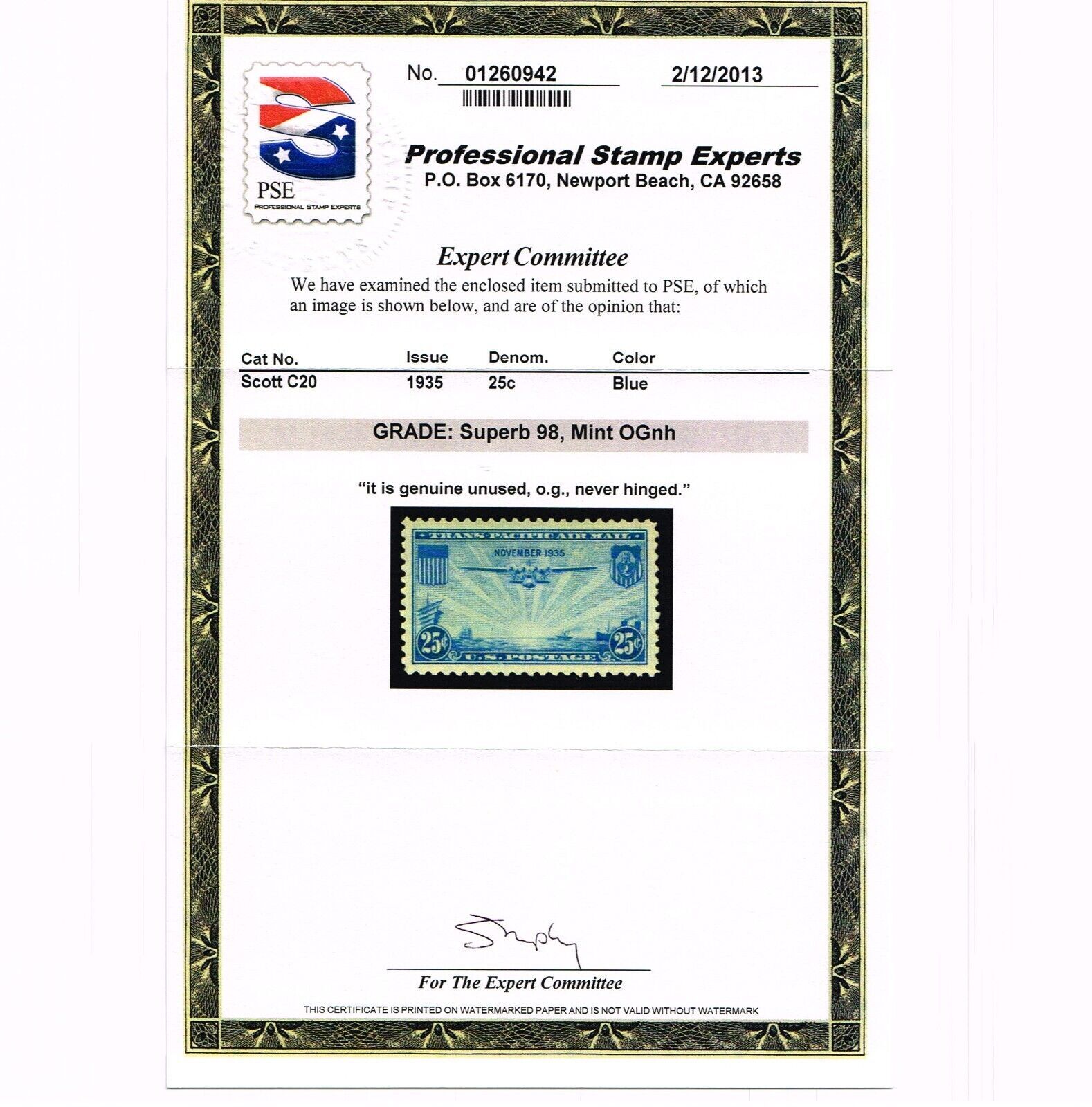 Exceptional Genuine Scott #C20 Mint Pristine OG NH PSE Cert Graded ...