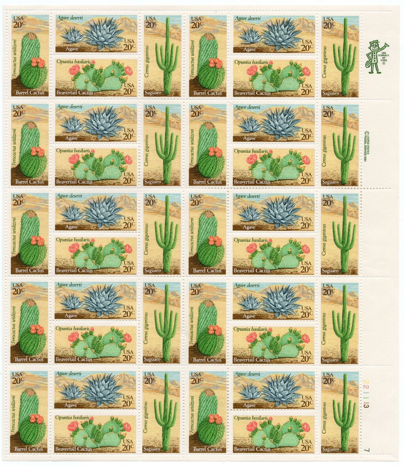 Scott #1945a (1942-1945) 20¢ Desert Life (Cactus) Sheet of 40 Stamps ...