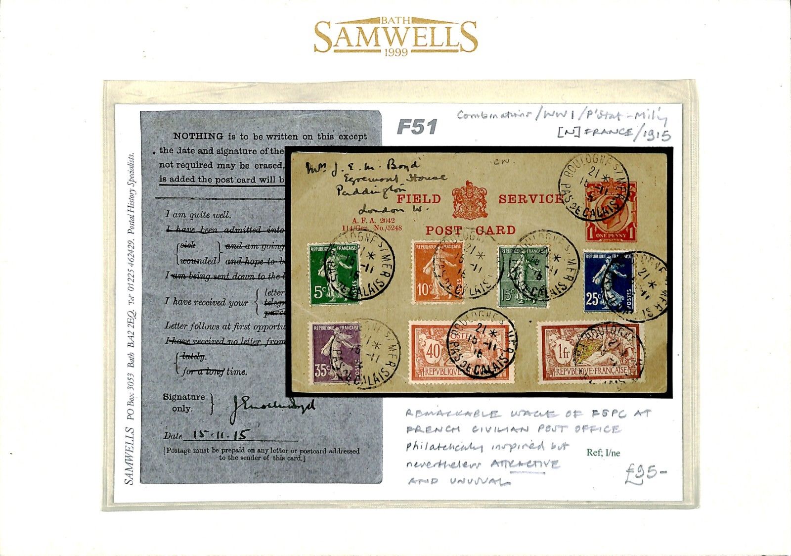 GB FRANCE WW1 COMBINATION FRANKING Military Stationery Civilian PO 1915 ...