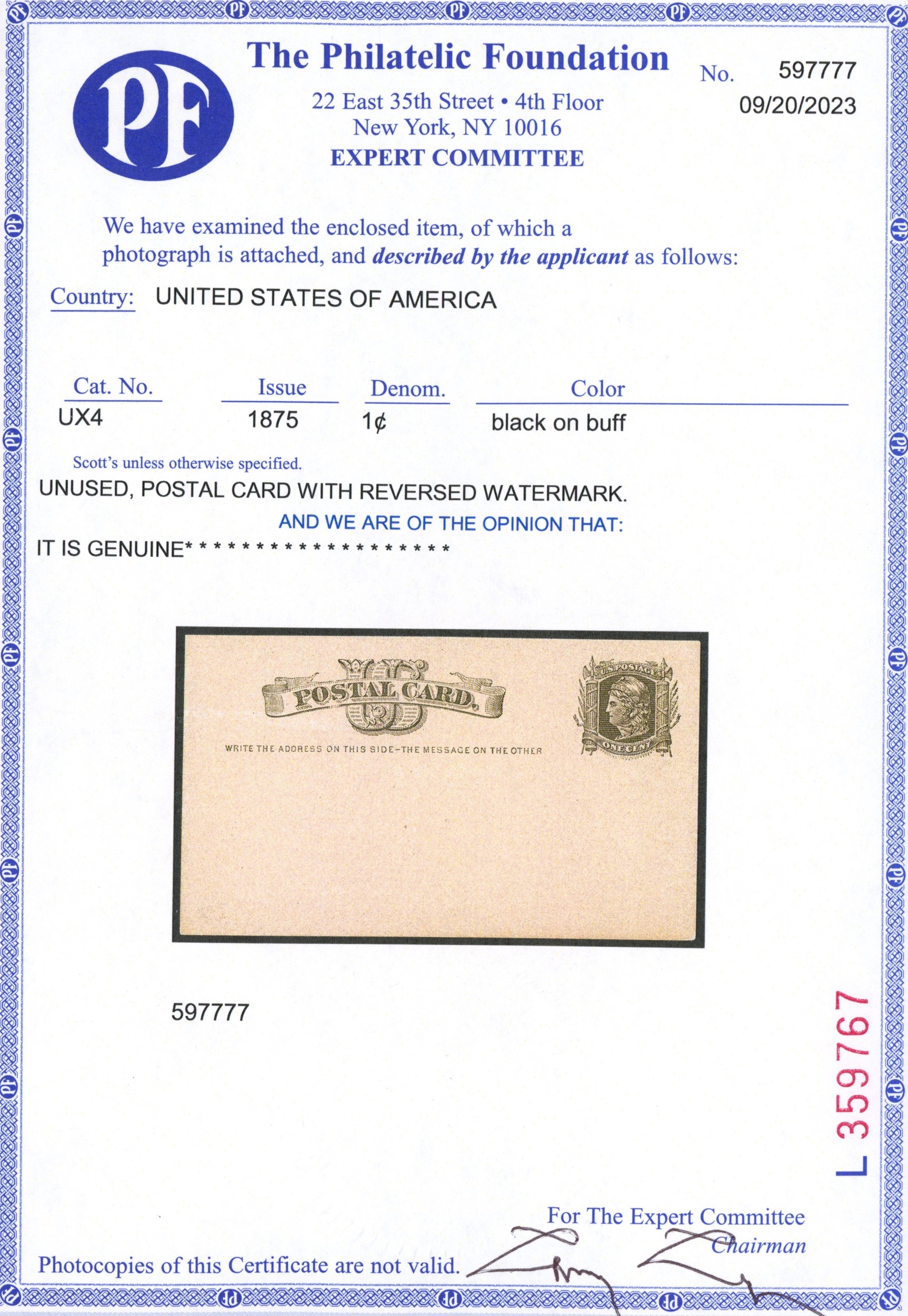USA Scott# UX4 *Rare* Card. Reversed WMK. 2023 PF Certificate CV (54998 ...