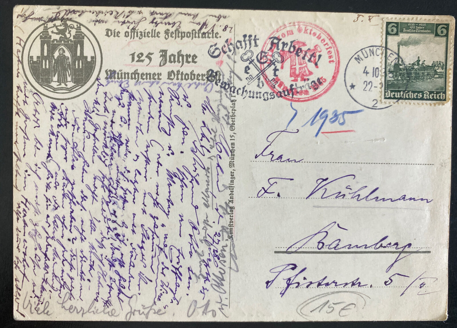 1935 Munich Germany Picture Postcard Cover To Bamburg October Fest ...