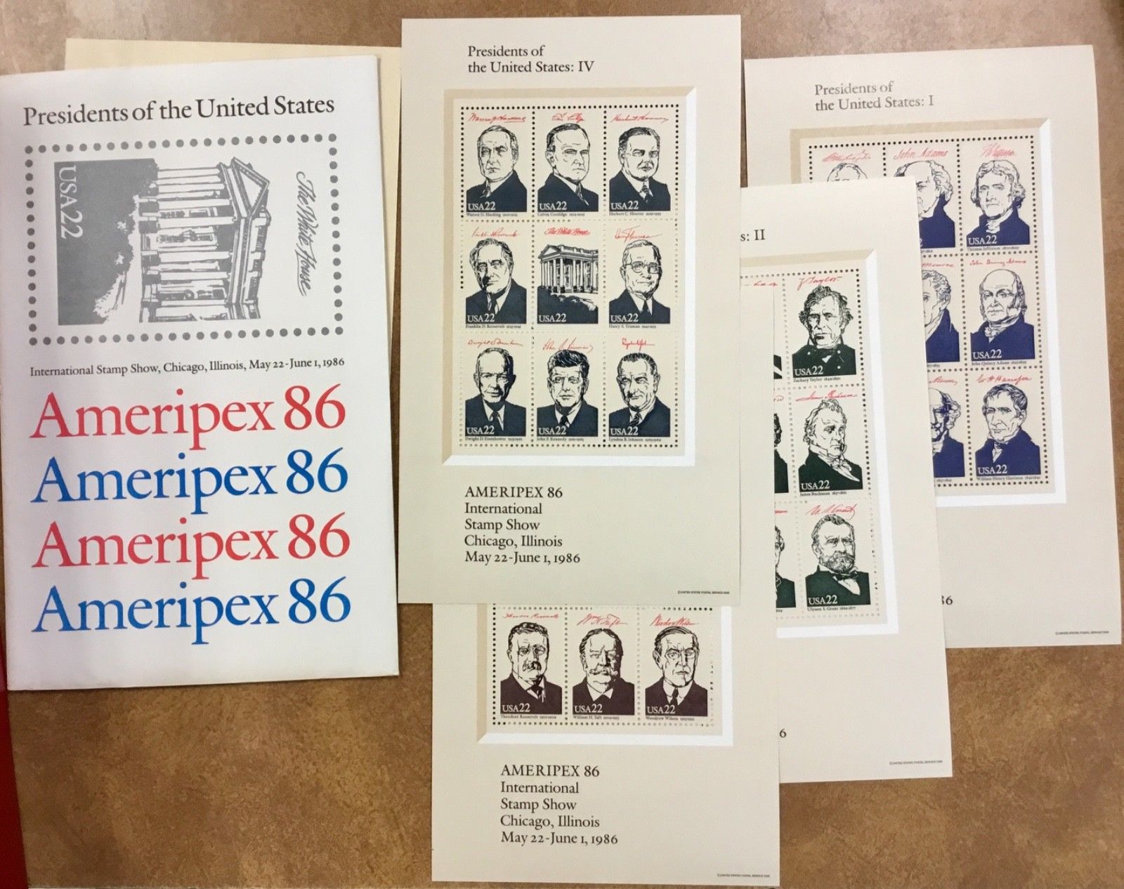 2216-2219 Set of 4 Presidents sheets Ameripex 1986 w/ envelope FV $7.92 ...