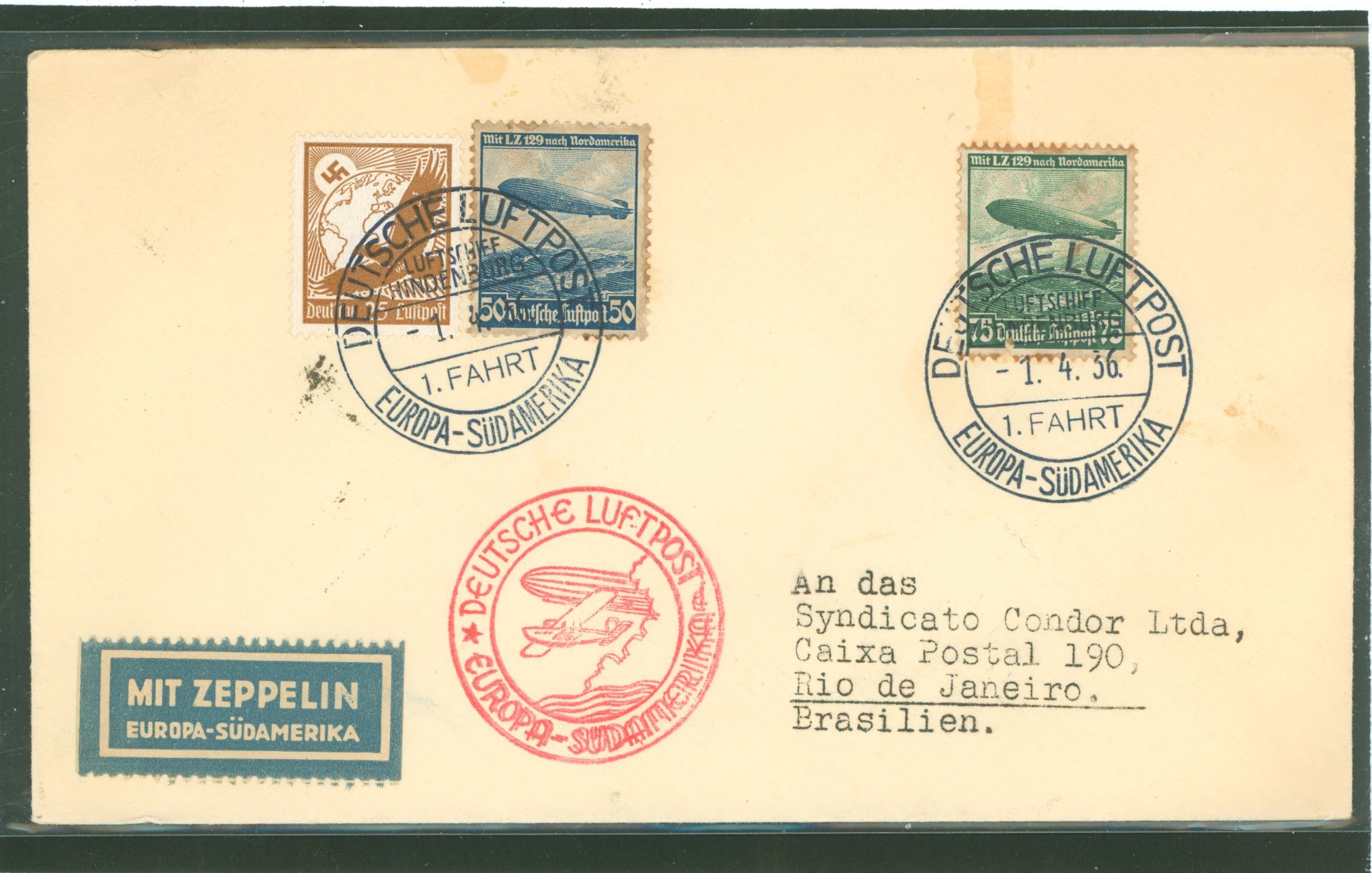 Germany C50/C57-8 1936 cover carried on the April 1,1936 Hindenburg ...
