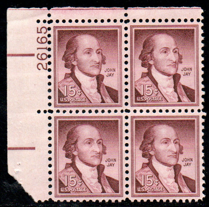 US #1046 PLATE BLOCK 15c Jay, VF/XF mint never hinged, very fresh color ...