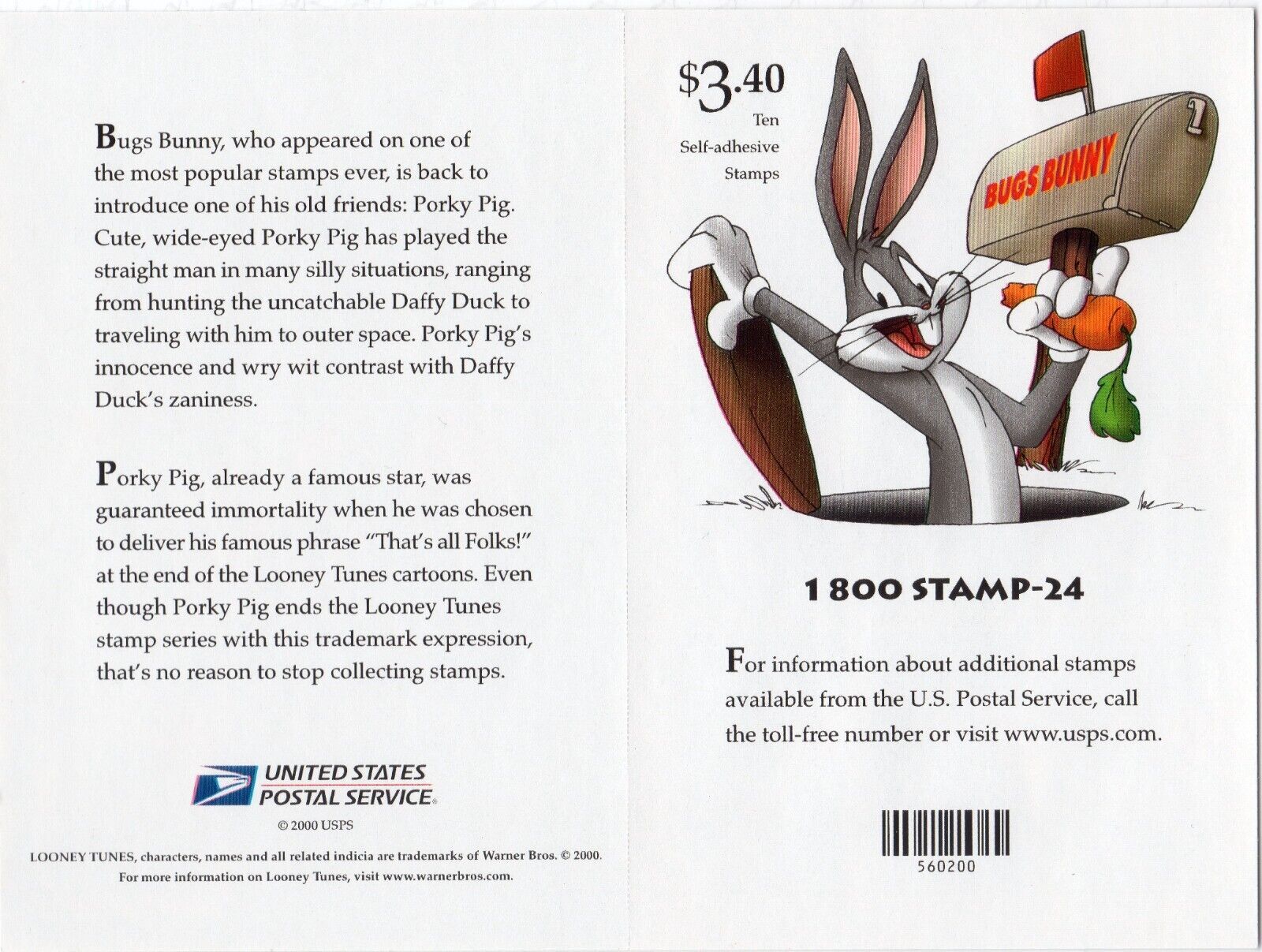 Scott #3534 Porky Pig "That's All Folks" Souvenir Sheet of 10 Stamps ...