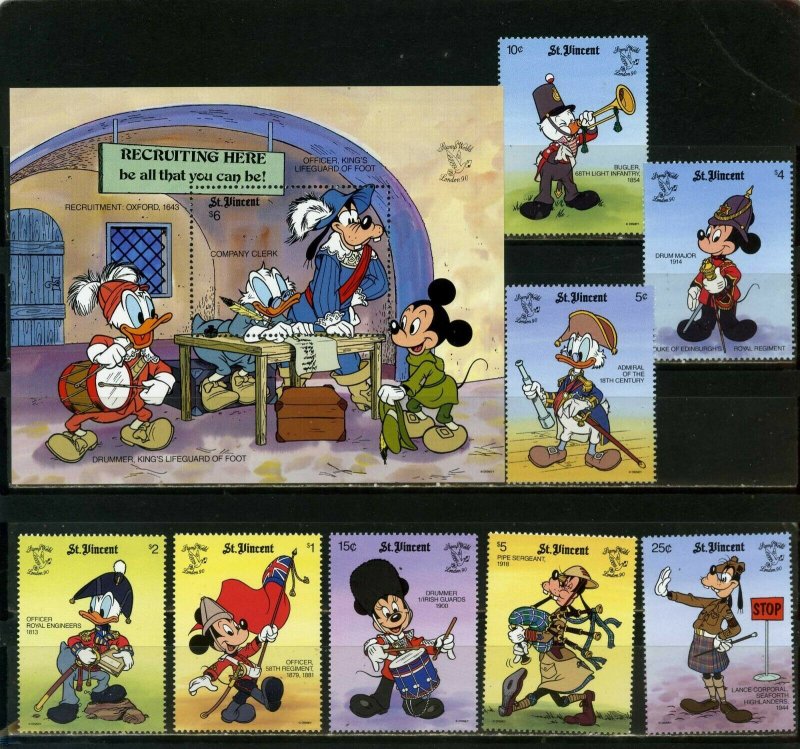 St.Vincent 1990 Disney British Military Uniforms SET of 8 Stamps & S/S ...