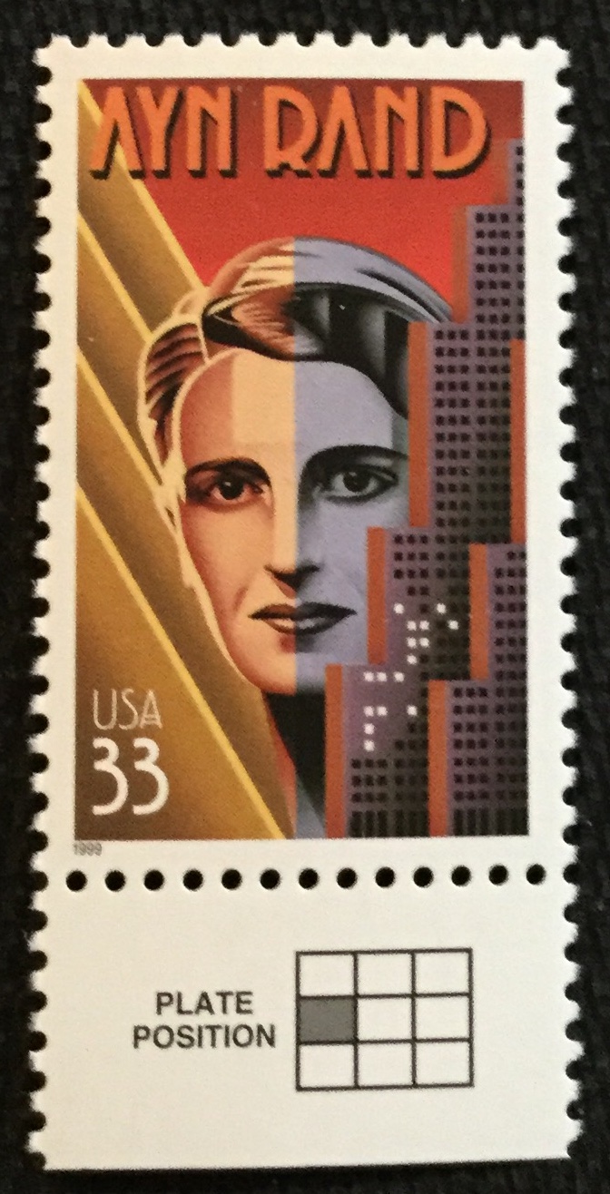 us-3308-mnh-single-w-plate-position-selvage-ayn-rand-scv-65-united