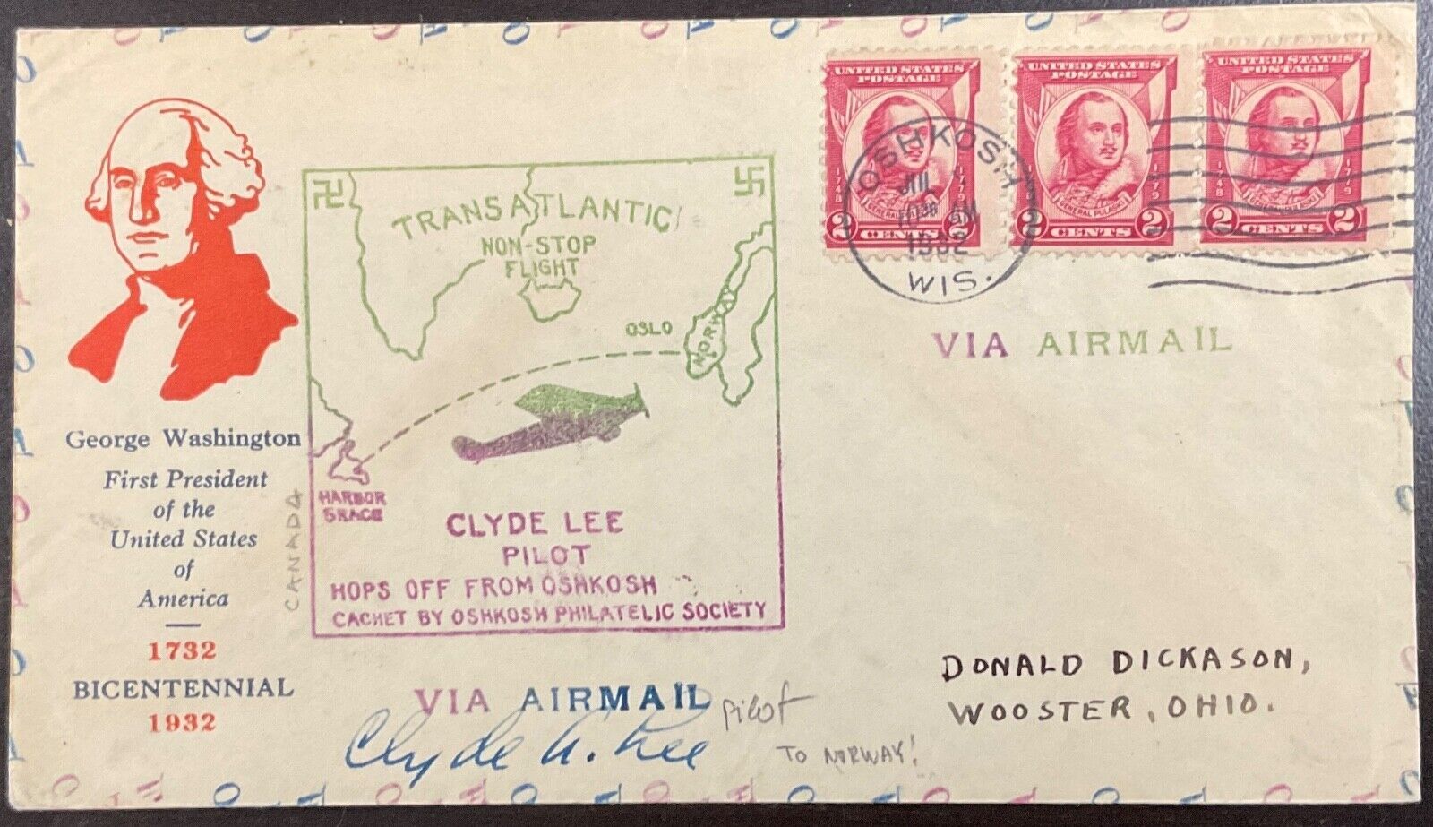 690 Oshkosh Philatelic Society cachet Transatlantic Flight autograph ...