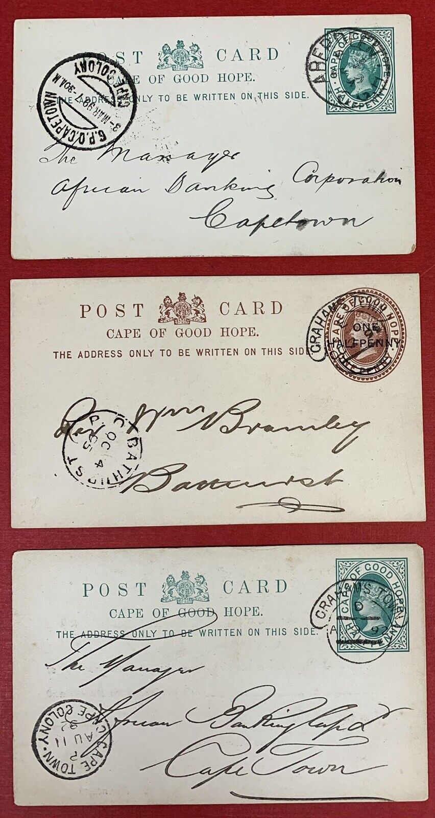 Cape of Good Hope, 1892-1899, Lot of 3, 1/2p Postal Cards, Used By ...