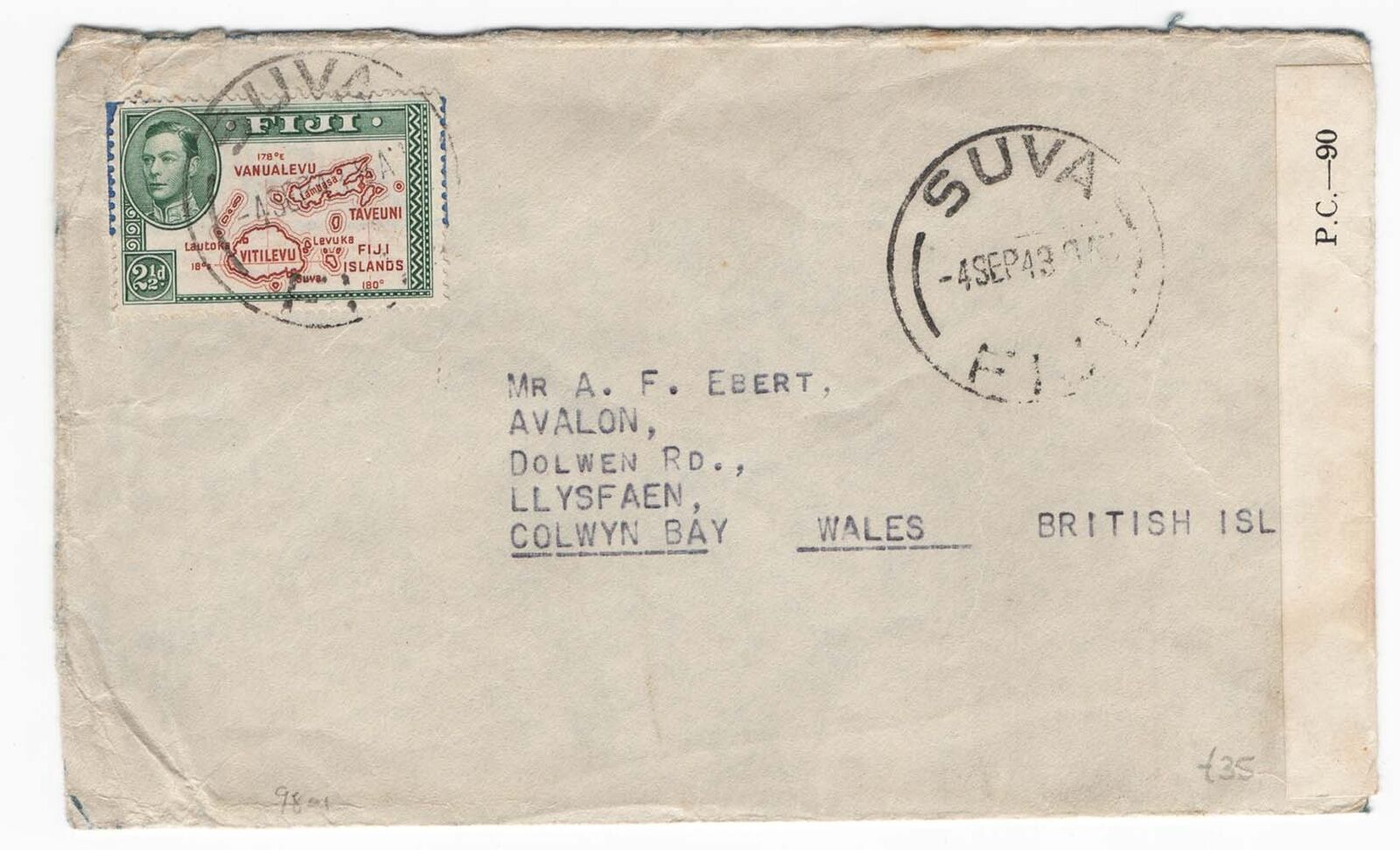 Fiji 1943 Neat censored cover to Wales franked 2½d, OBE X/111 censor ...