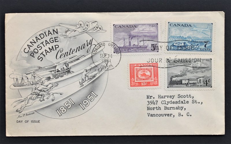 Canada #311-314 FDC Postage Stamp Centenary Sep 24, 1951 Geo L. Mercer ...