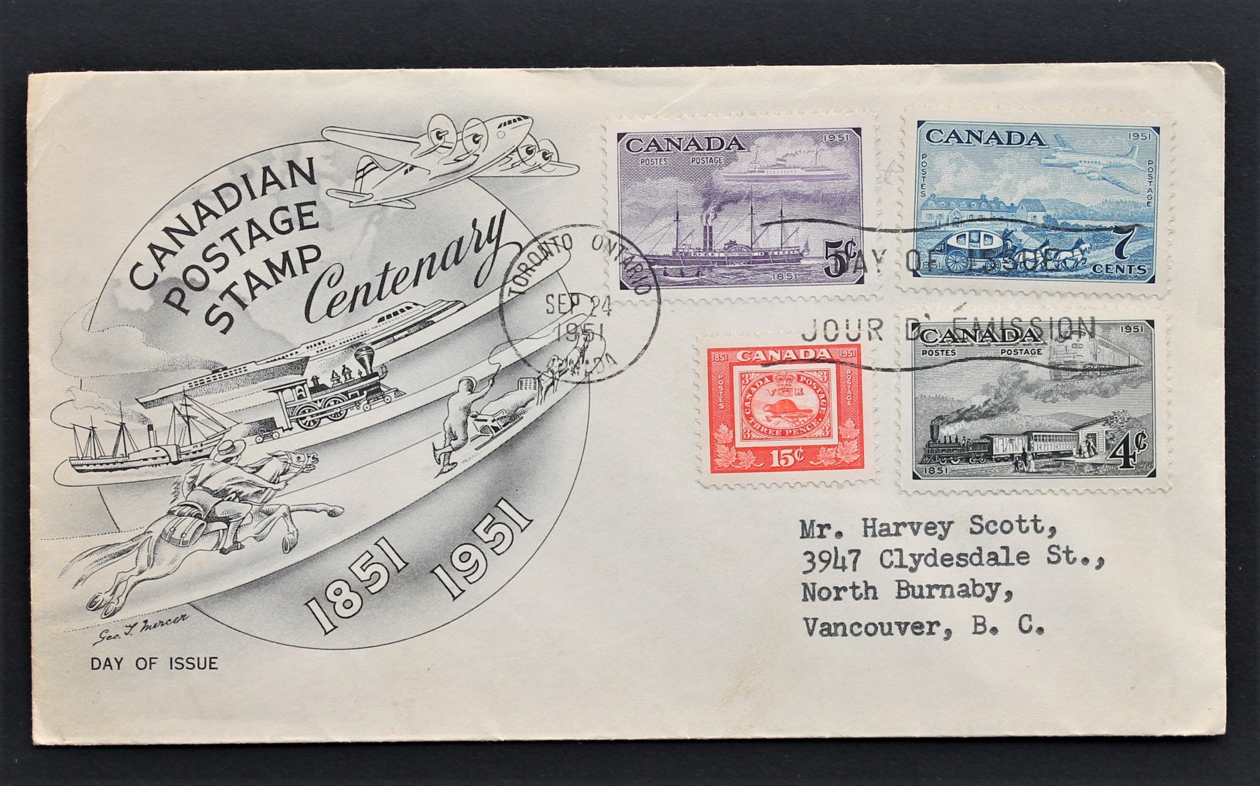 Canada #311-314 FDC Postage Stamp Centenary Sep 24, 1951 Geo L. Mercer ...
