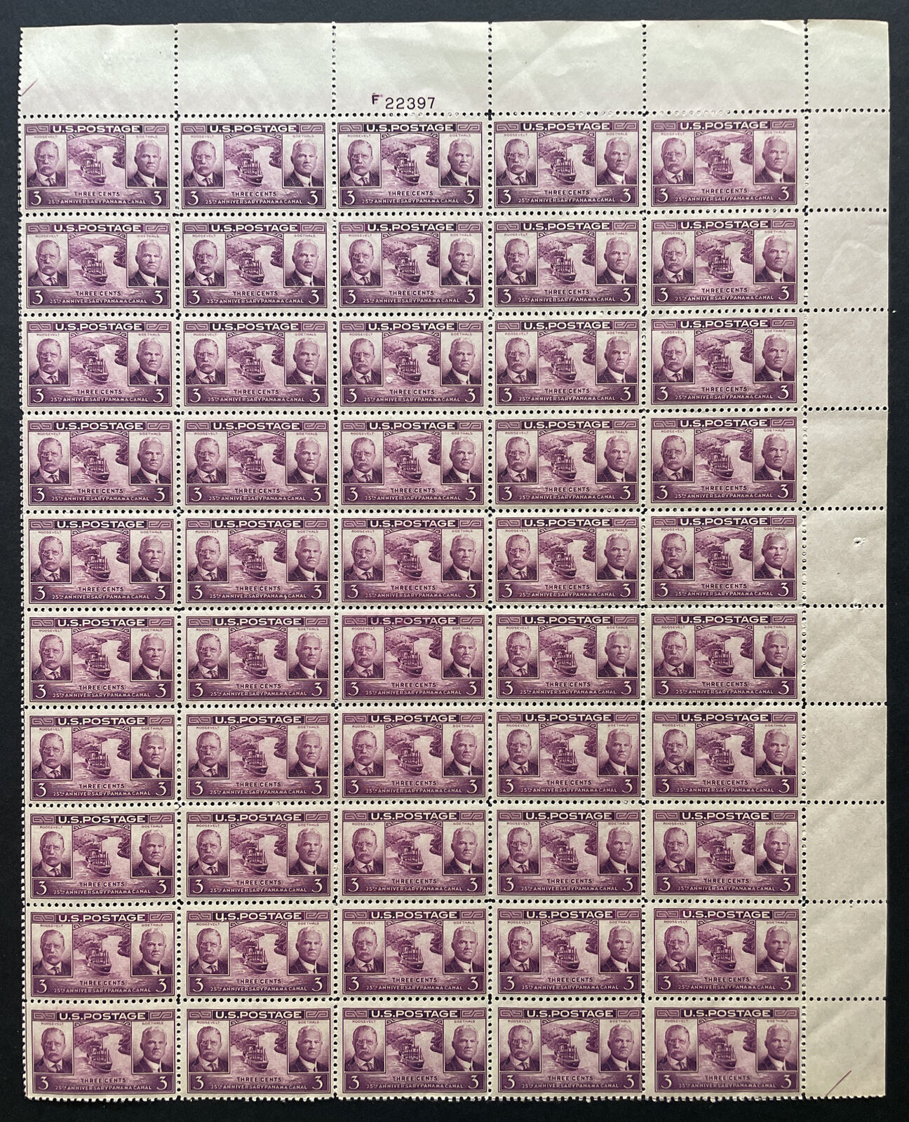 856 PANAMA CANAL 25th ANNIVERSARY (Roosevelt) Sheet of 50 US 3¢ Stamps ...