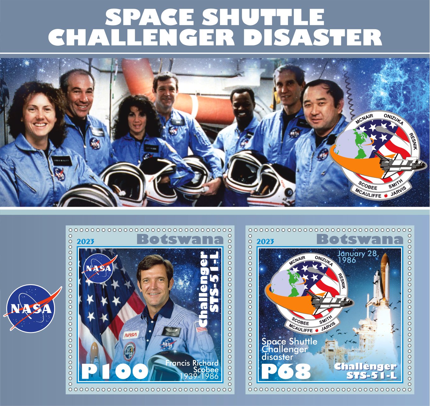 Stamps. Space. Challenger 2023 year 1+1 sheets perforated Botswana NEW ...