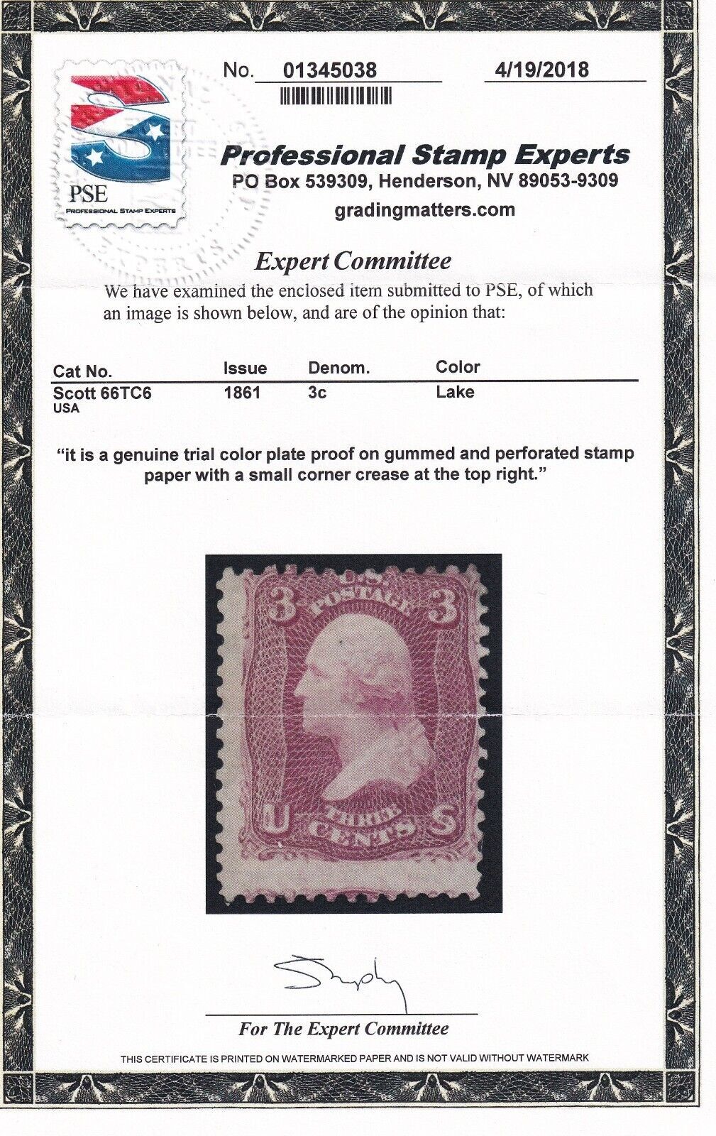 66 Original gum PSE cert. with nice color cv $ 2000 ! see pic ...